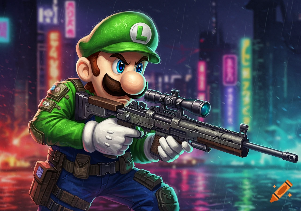 Luigi crouches with a sniper rifle in a rainy, neon-lit city street ...