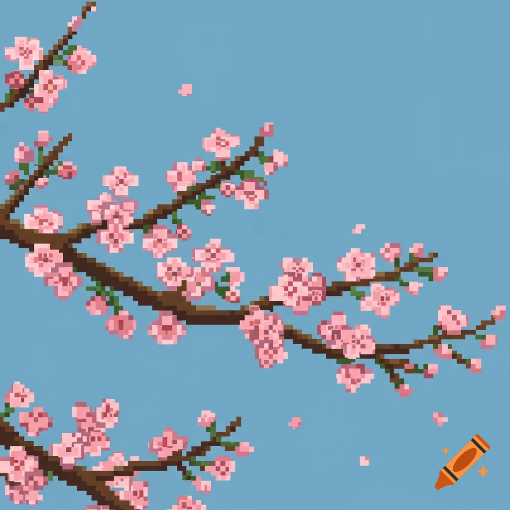 Pixel art cherry blossoms on branches against a blue sky. on Craiyon