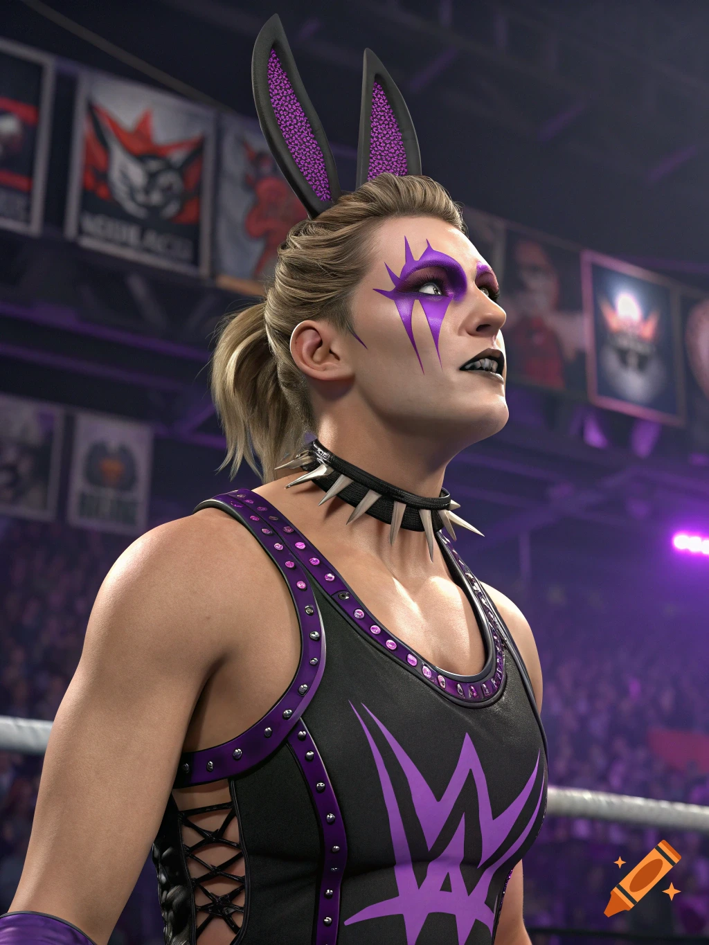 A wrestler with rabbit ears, dark makeup, and a spike collar stands in ...