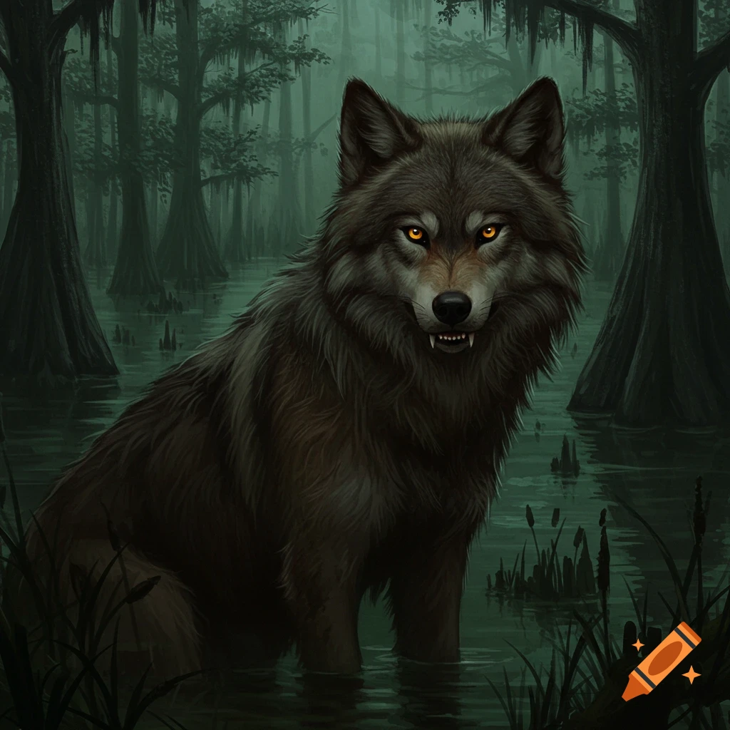 A menacing wolf-like creature with glowing eyes sits in a dark, misty swamp. on Craiyon