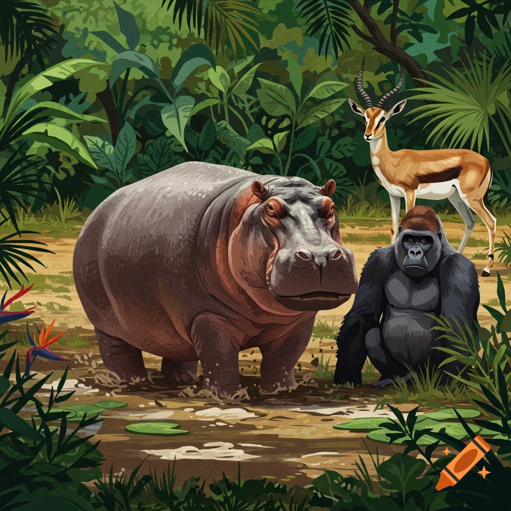 A hippo, gorilla, and gazelle stand in a jungle clearing with a pool of ...