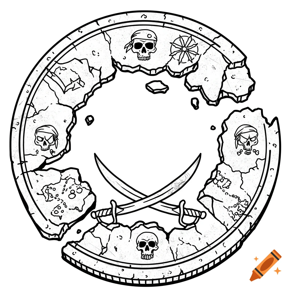 Black and white line art of pirate coin with cracks, skull, swords, and ...