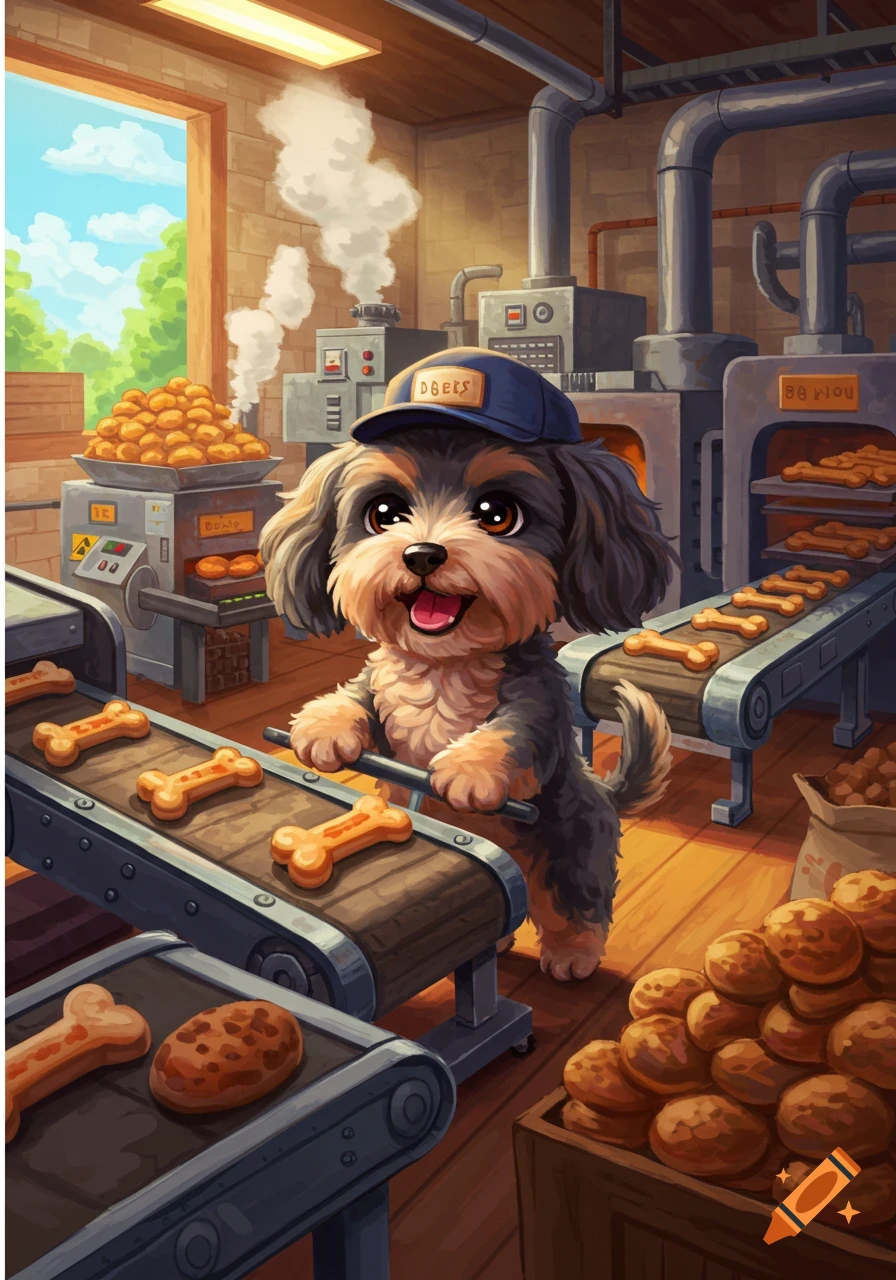 Cute fluffy doxiepoo running a dog bone factory on Craiyon