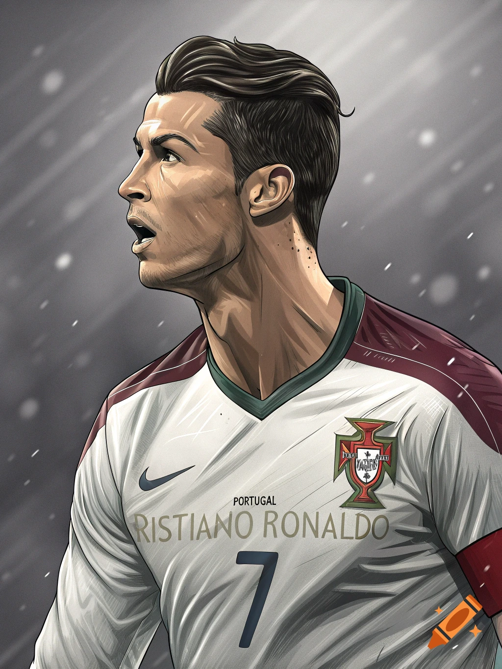 Illustration of Cristiano Ronaldo in a red Portugal jersey, looking left. on Craiyon