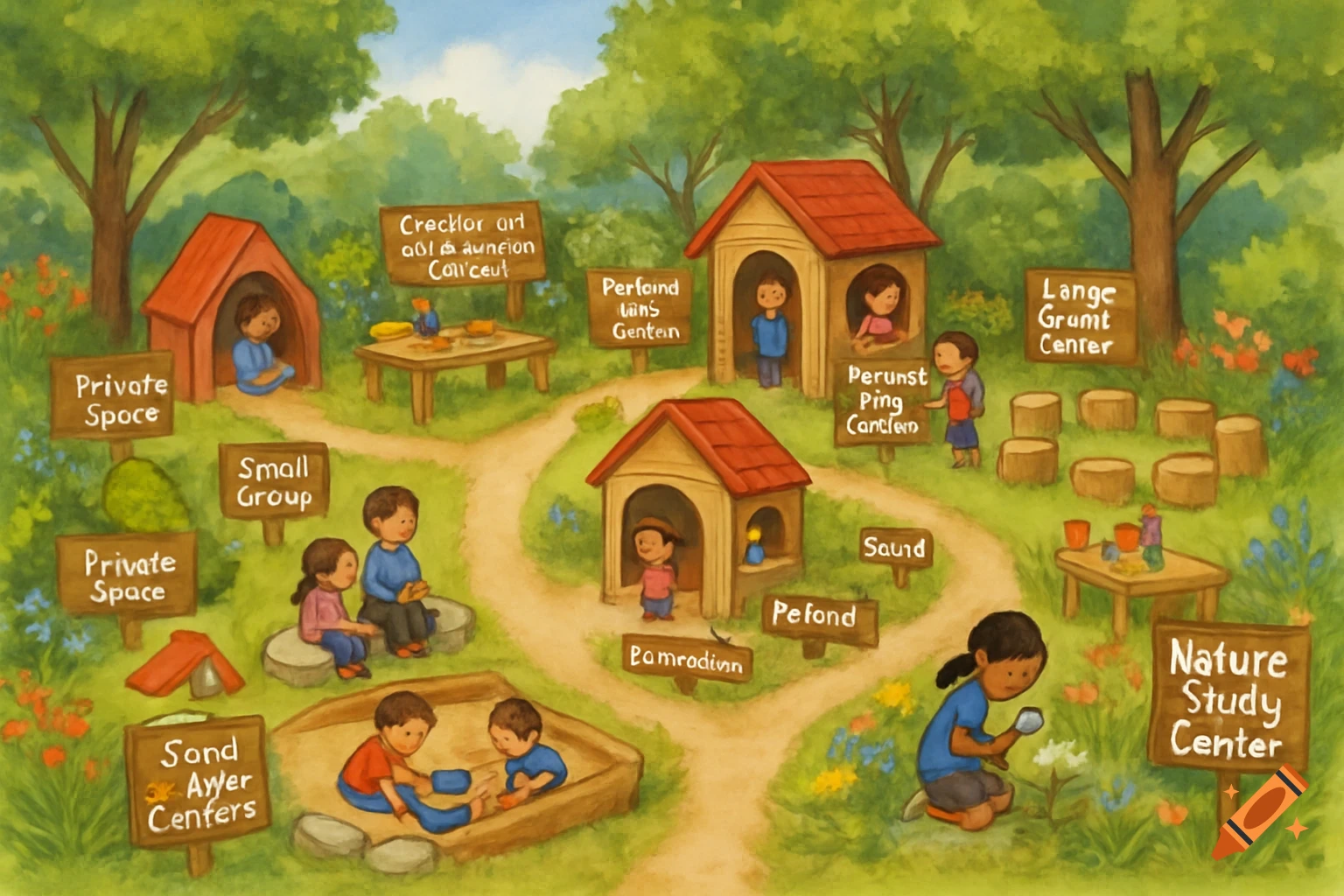 Nature-themed playscape design for children with labeled activity ...