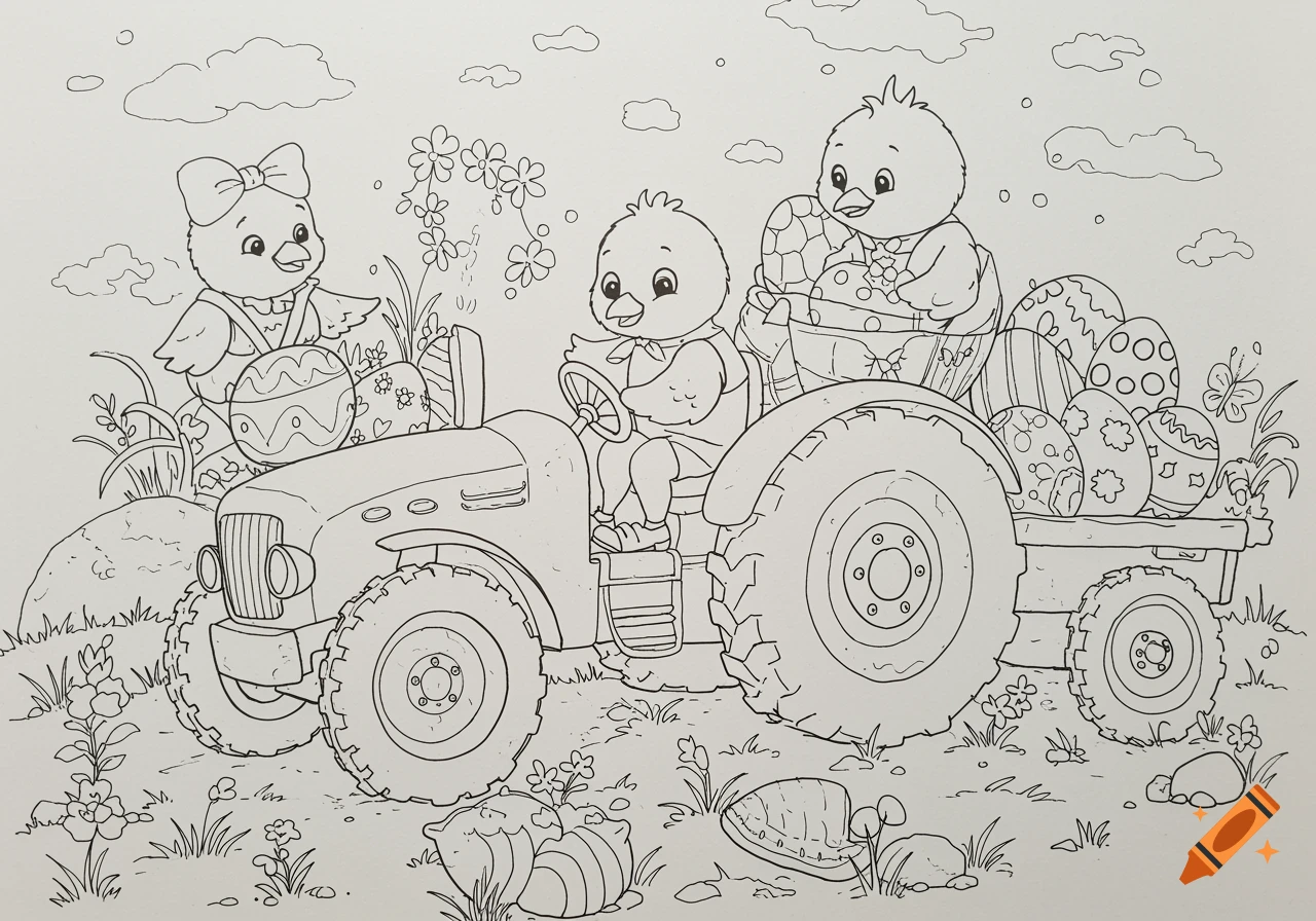 Cartoon baby chicks driving a tractor with Easter eggs coloring page on ...