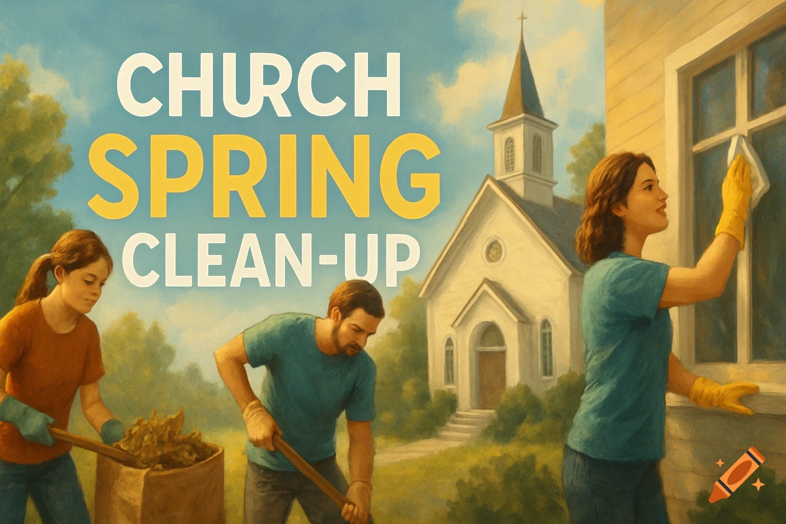 People cleaning around a church with the text 'CHURCH SPRING CLEAN-UP ...