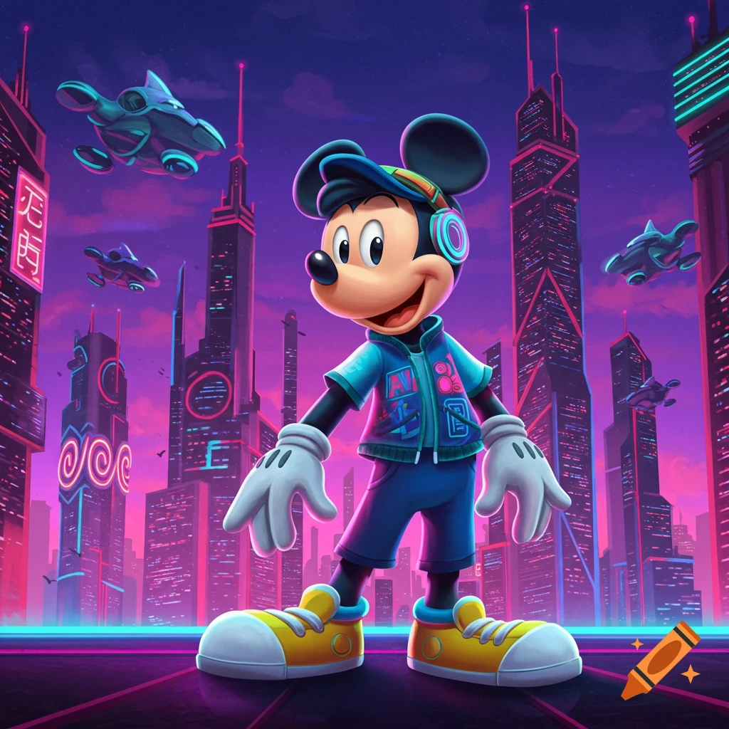Mickey Mouse stands with hands on hips in a vibrant, neon-lit ...
