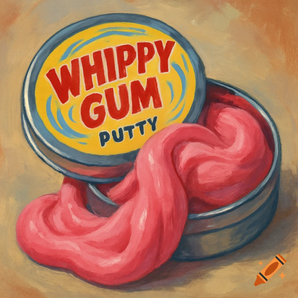 Pink putty spilling out of a metal can labeled 'WHIPPY GUM PUTTY' on ...