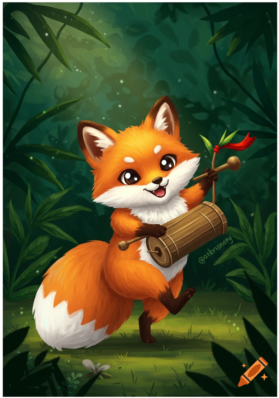 Cute cartoon fox playing a drum in a forest. on Craiyon