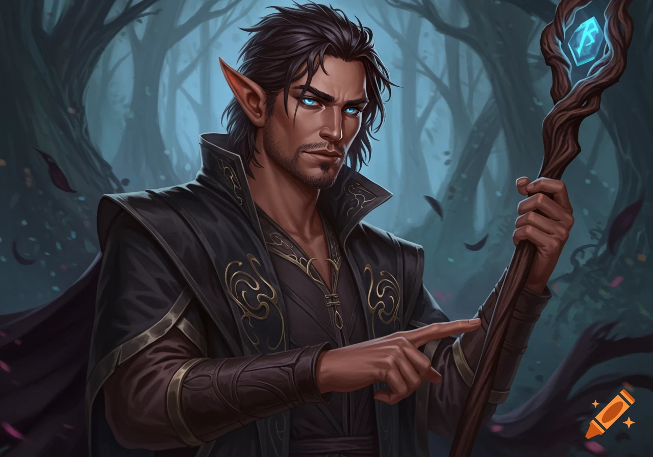 Portrait of a male half-elf fantasy character with glowing eyes holding ...