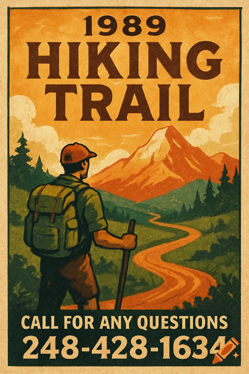A vintage style poster for the 1989 hiking trail, showing a hiker ...