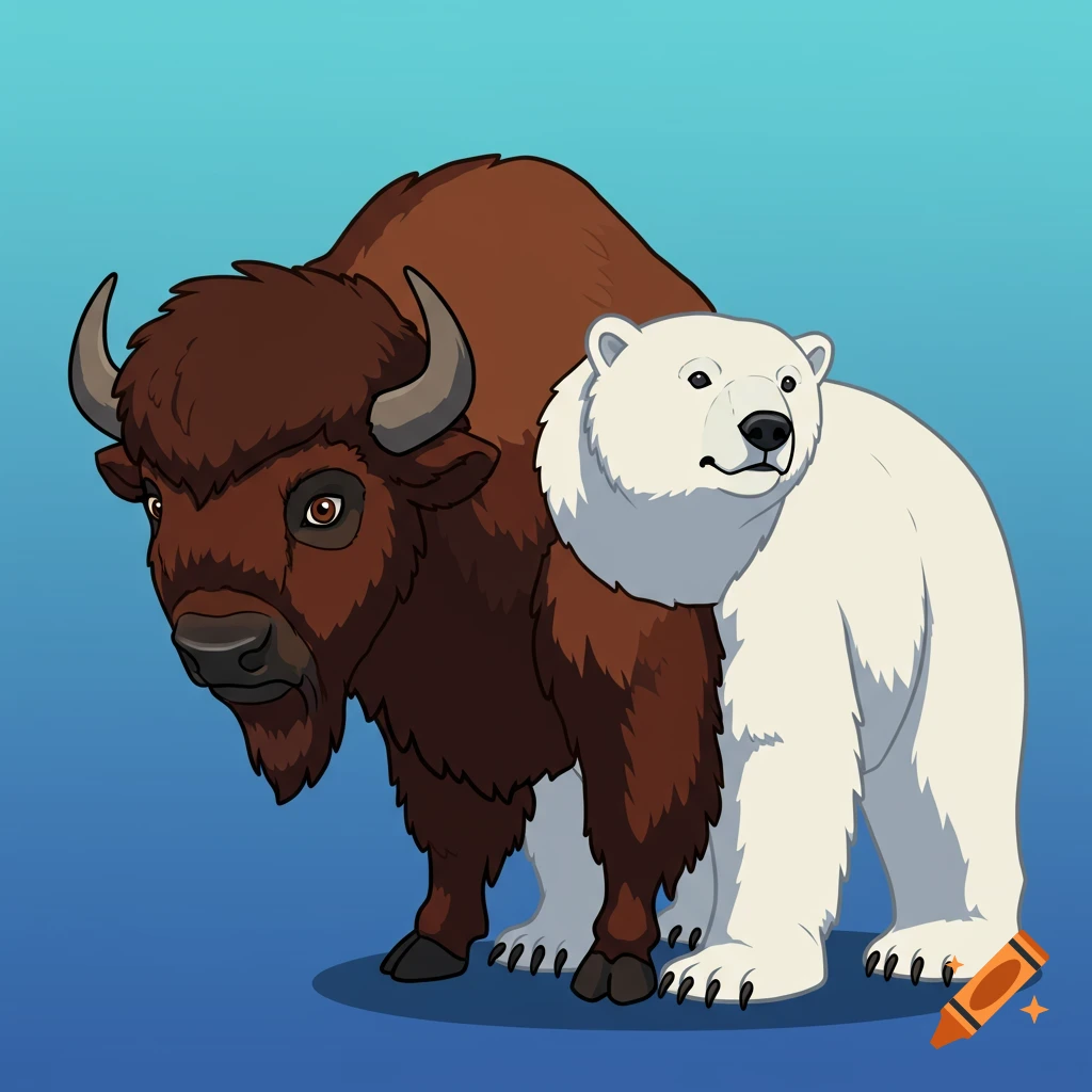 Cartoon illustration of a brown bison and a white polar bear standing ...