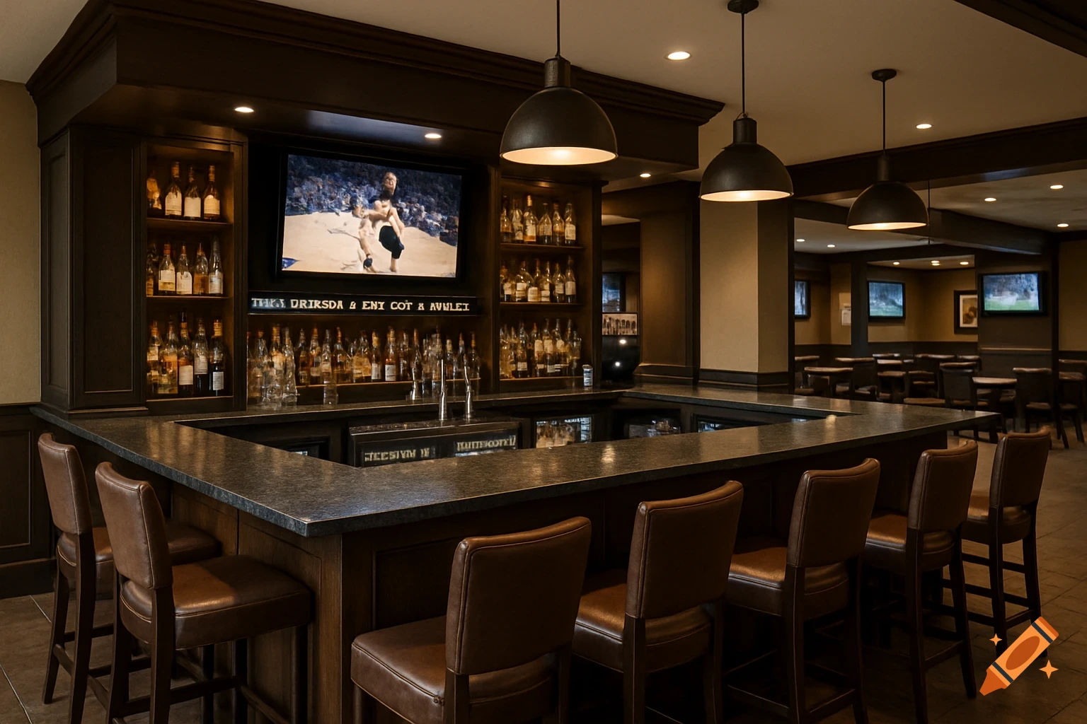 A sophisticated sports bar interior with an L-shaped bar, stools ...