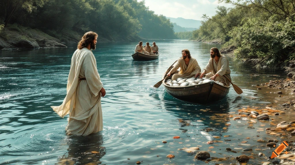 Photorealistic image of Jesus with disciples fishing from boat. on Craiyon