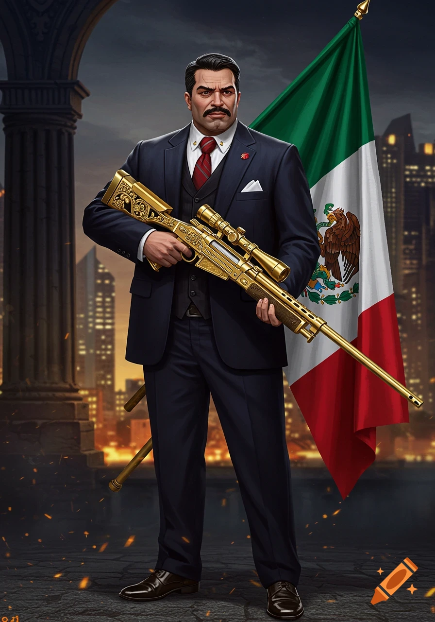 Mafia boss with a Mexican flag and a gold sniper on Craiyon