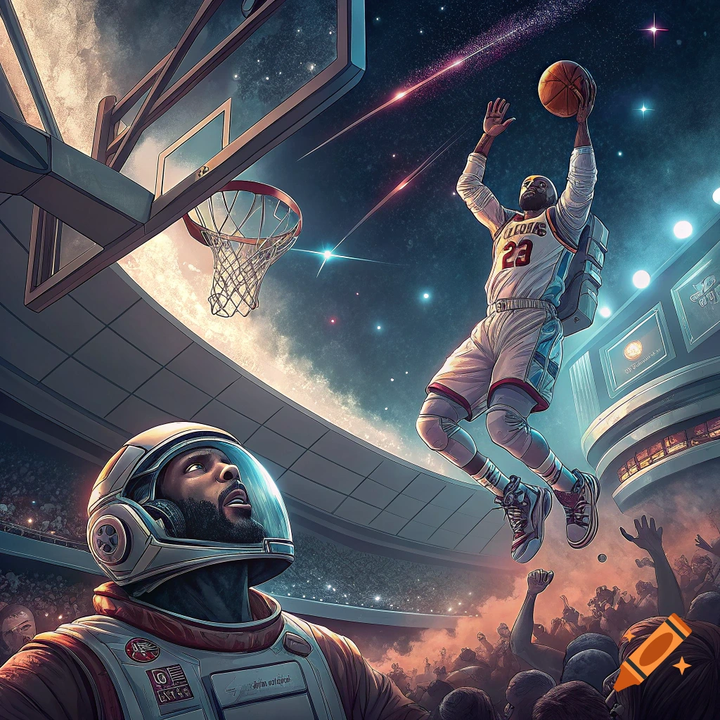 An illustration of a basketball player dunking over an astronaut in a ...