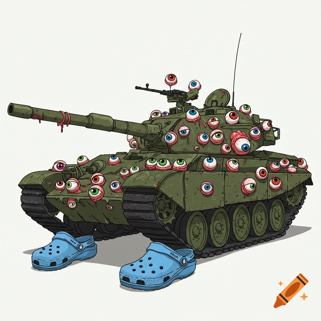 A military tank covered in eyeballs, wearing blue Crocs shoes. on Craiyon