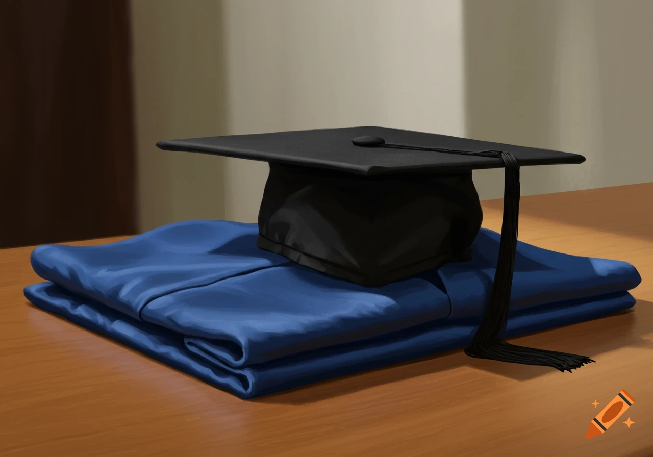 A black graduation cap and folded blue gown on a wooden table in a ...