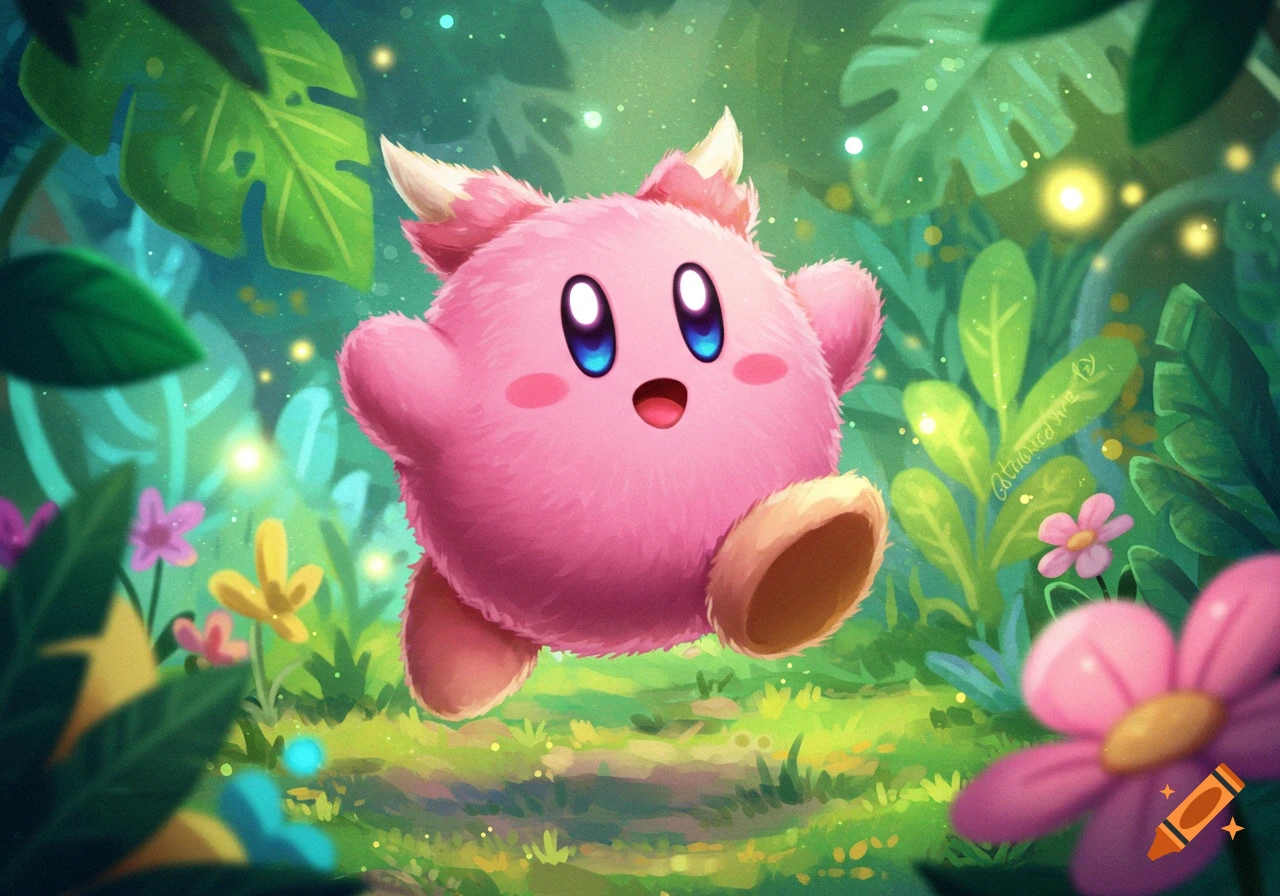 A pink furry creature resembling Kirby with horns jumps through a ...