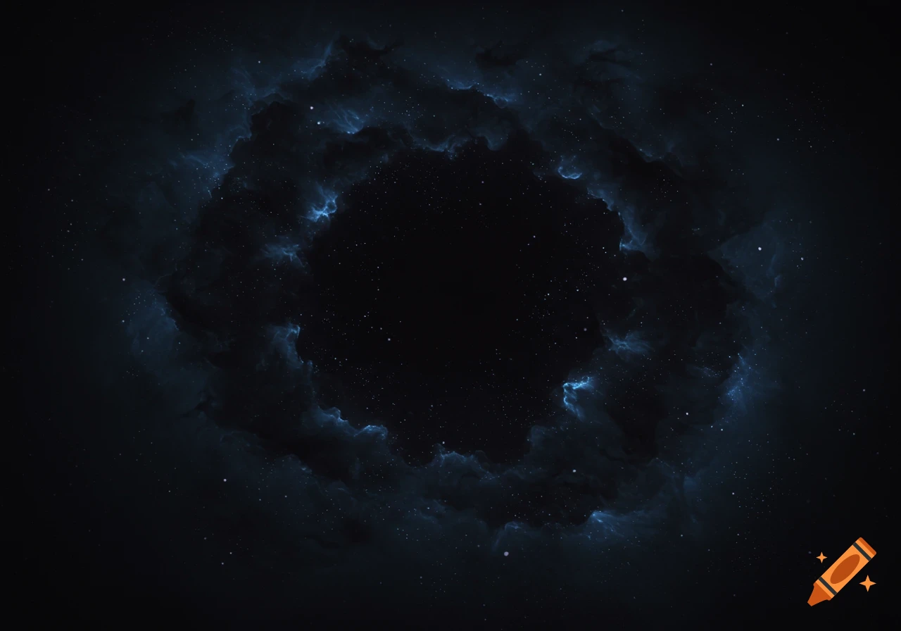 Dark space scene with a central void surrounded by glowing blue nebulae ...