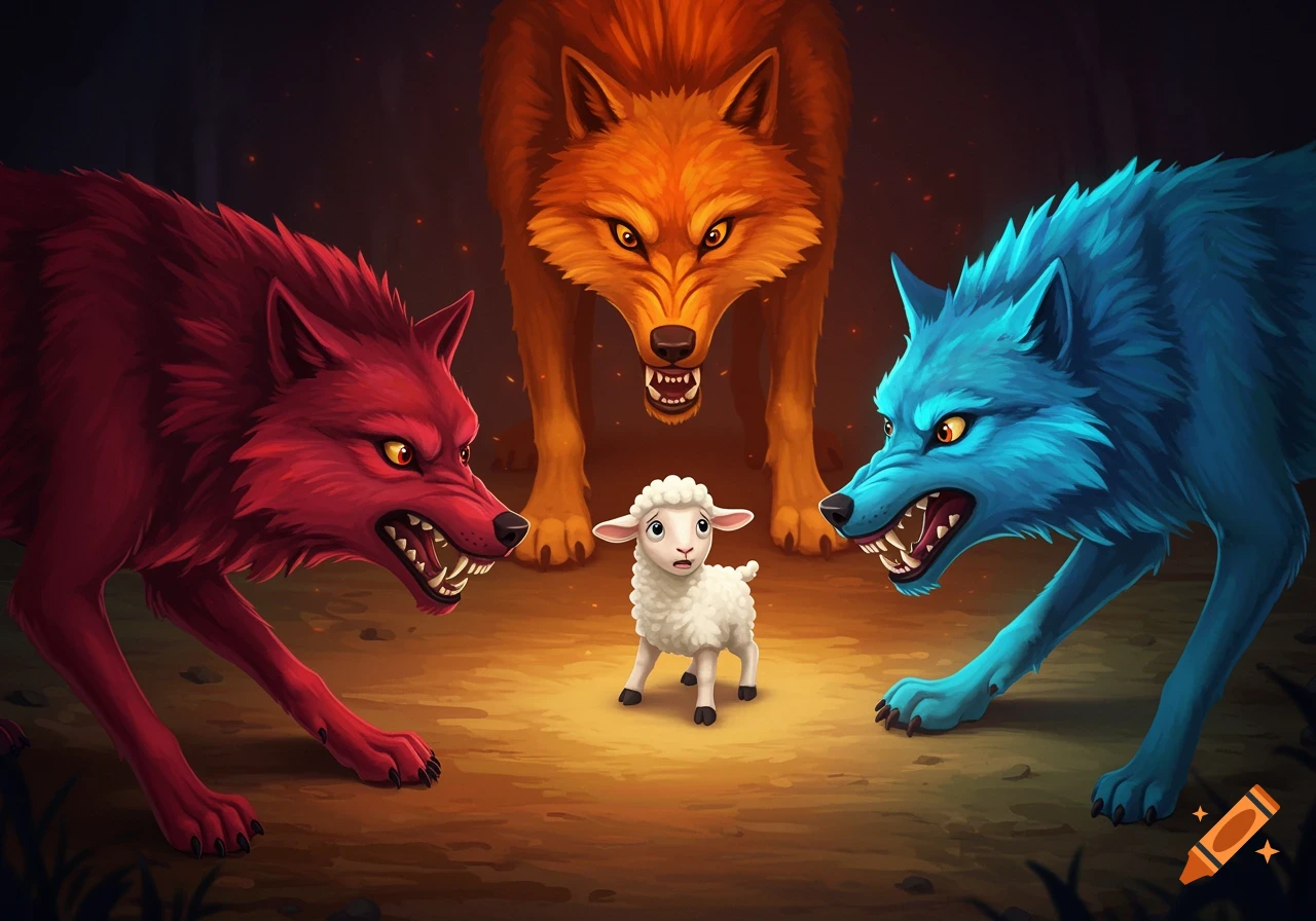 Cartoon wolves circling a lamb on Craiyon