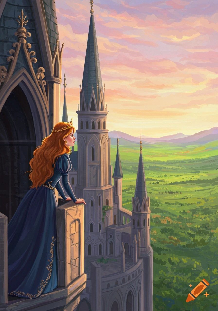 A princess with red hair on a castle balcony looks out over a green ...