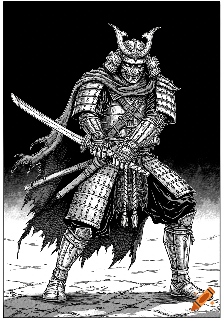 Black and white drawing of a samurai warrior in detailed armor, holding ...