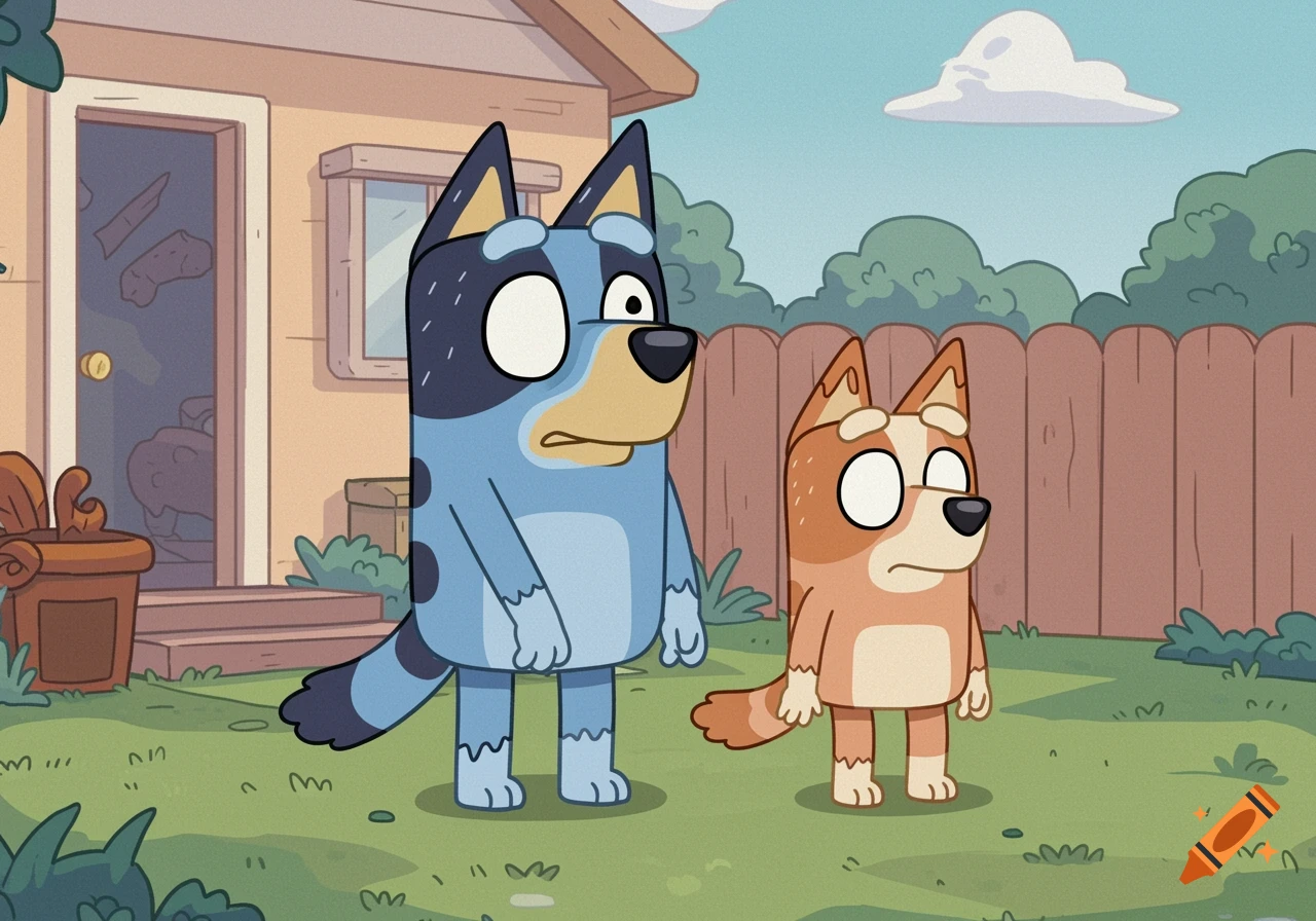 Two cartoon dogs in a backyard looking surprised. on Craiyon