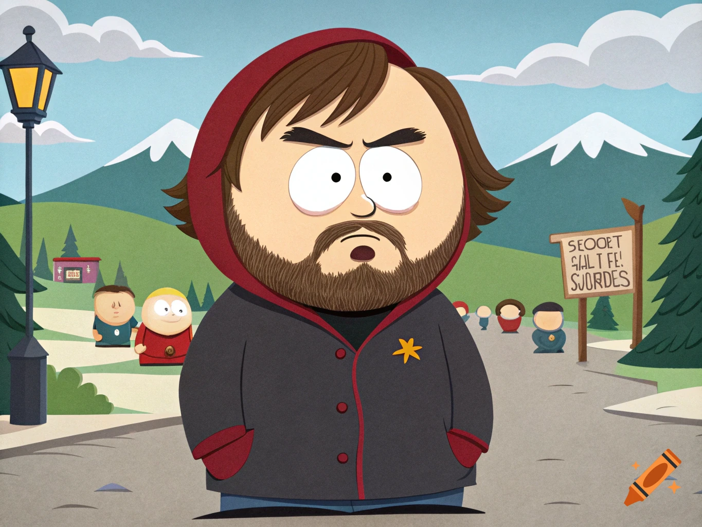 Cartoon character in the style of South Park resembling Jack Black ...