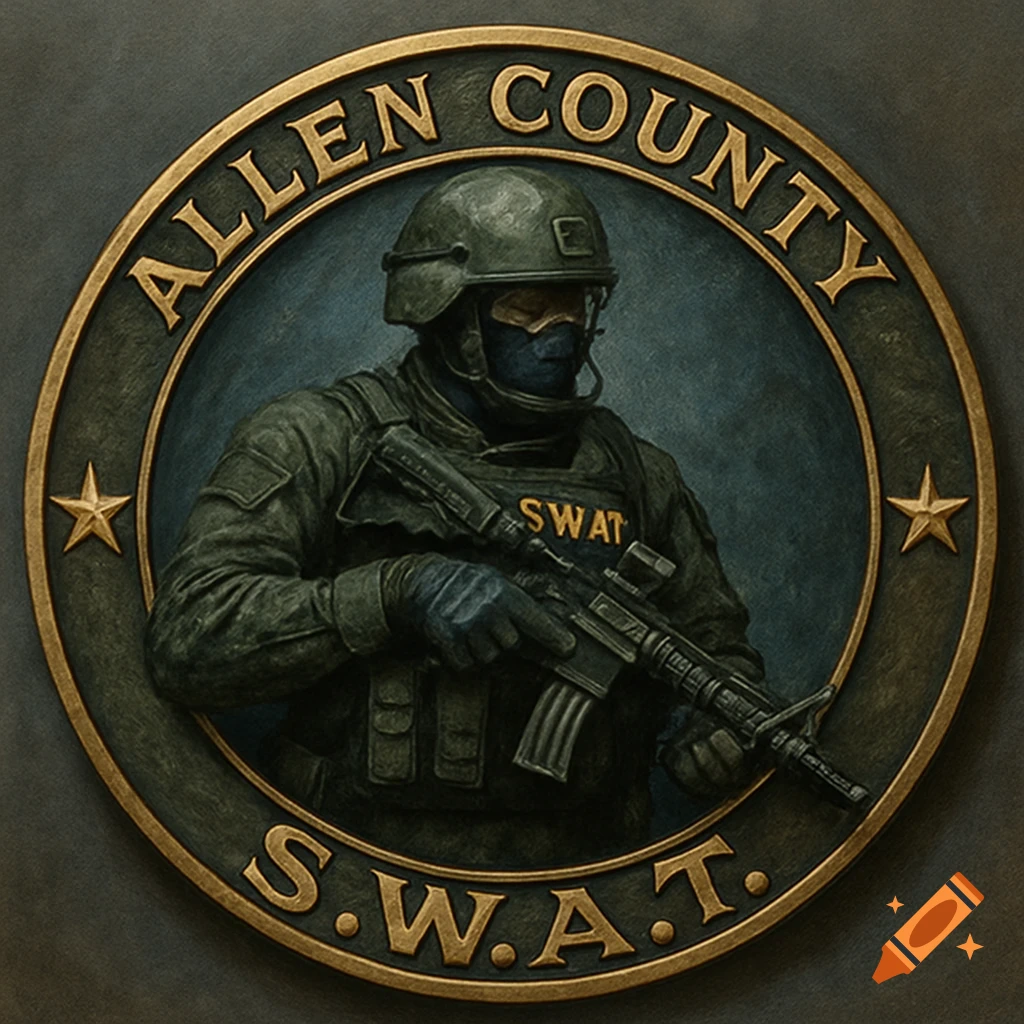 An embossed emblem of an Allen County SWAT officer and text like a ...