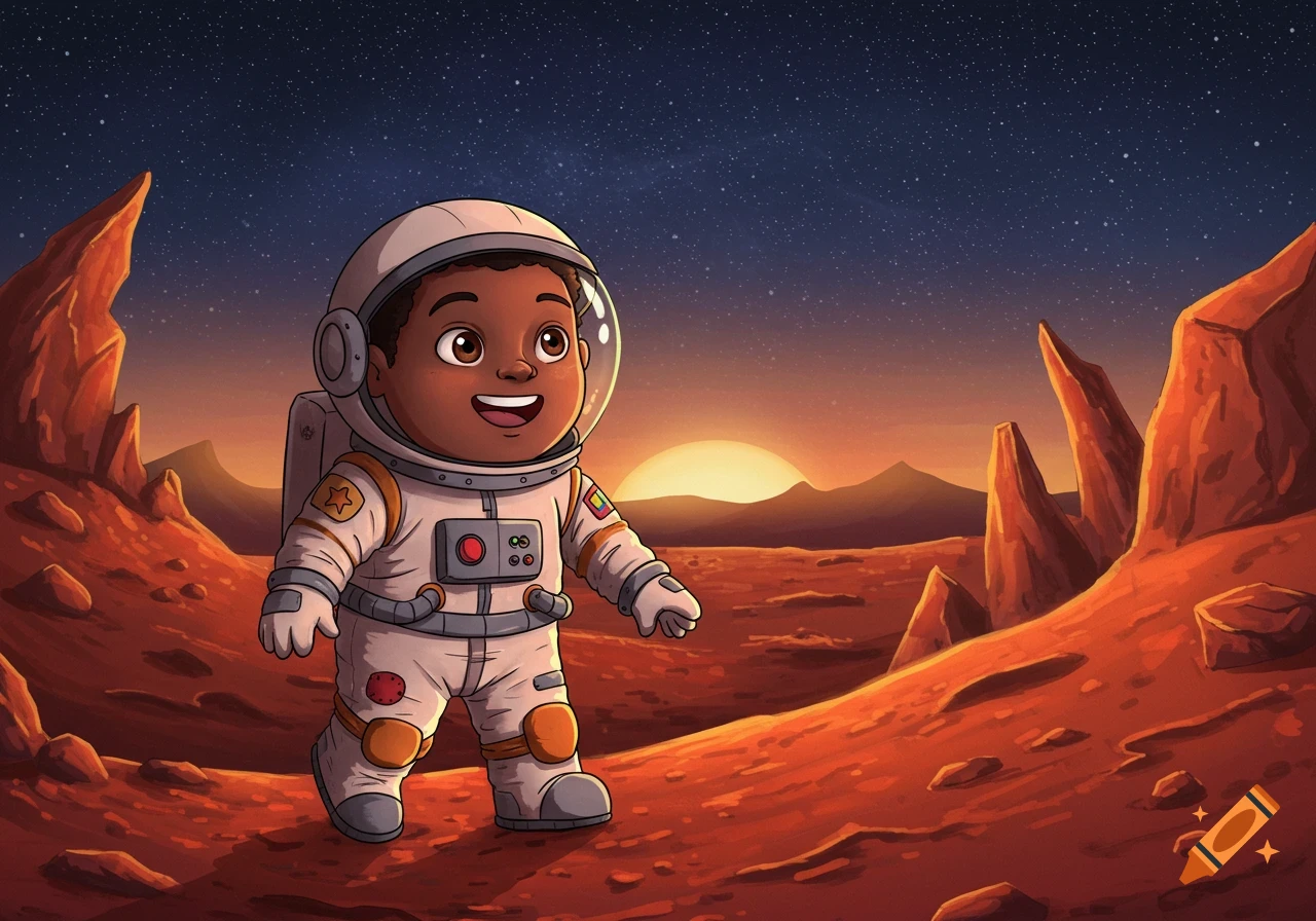 Cartoon style child astronaut standing on the red surface of Mars ...