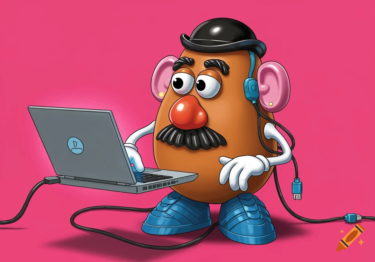 Mr. Potato Head wearing a hat and headphones, using a laptop, in a pop ...