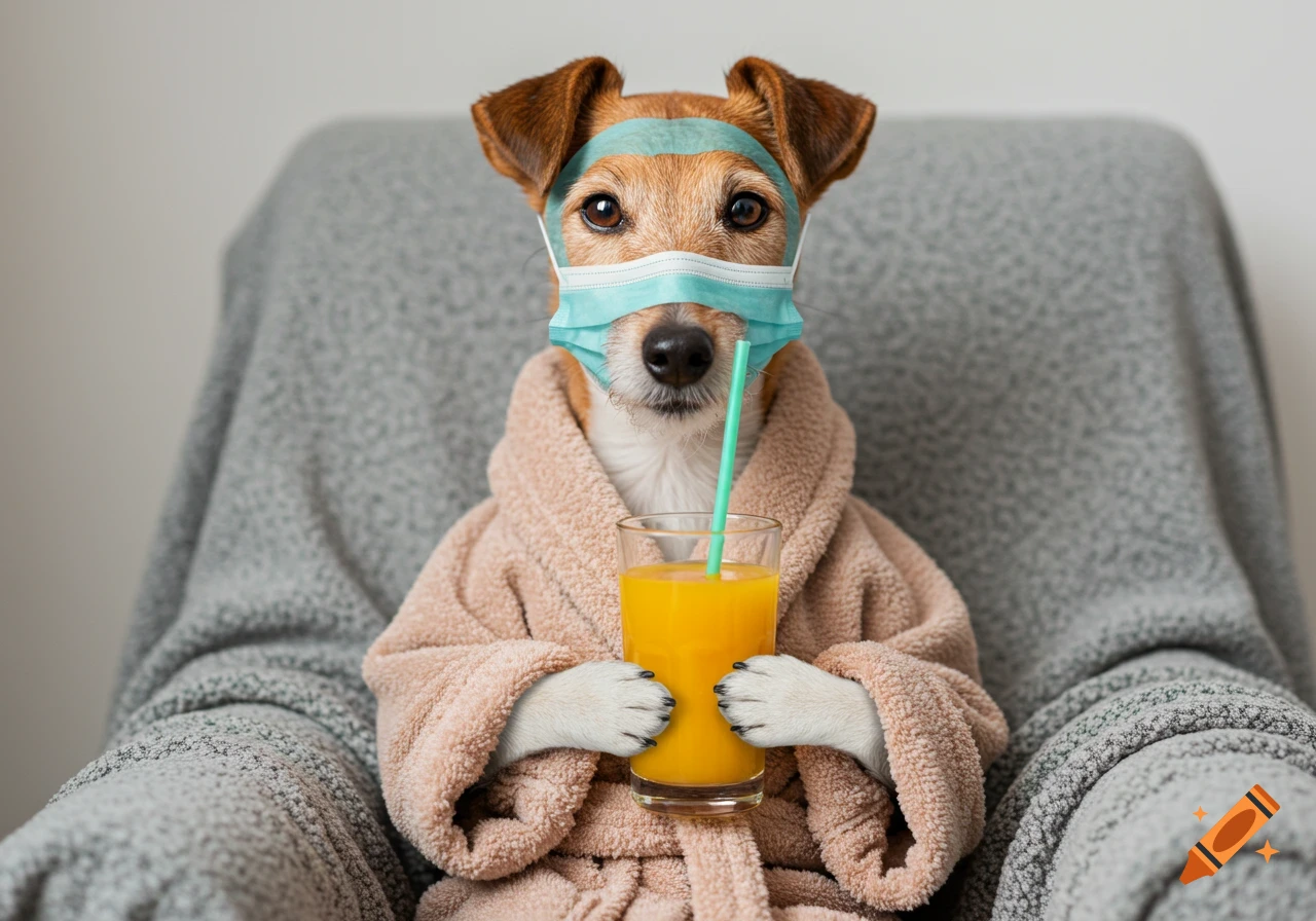 Fox terrier dog in bathrobe and spa mask on Craiyon