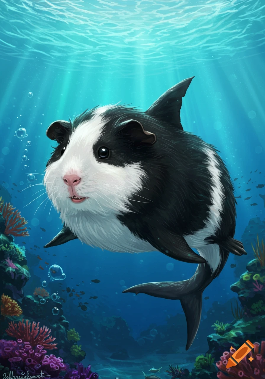 A black and white guinea pig crossed with a shark swims through a coral ...