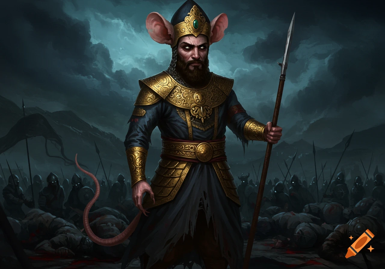 Digital painting of a mouse-eared war leader in golden armor standing ...