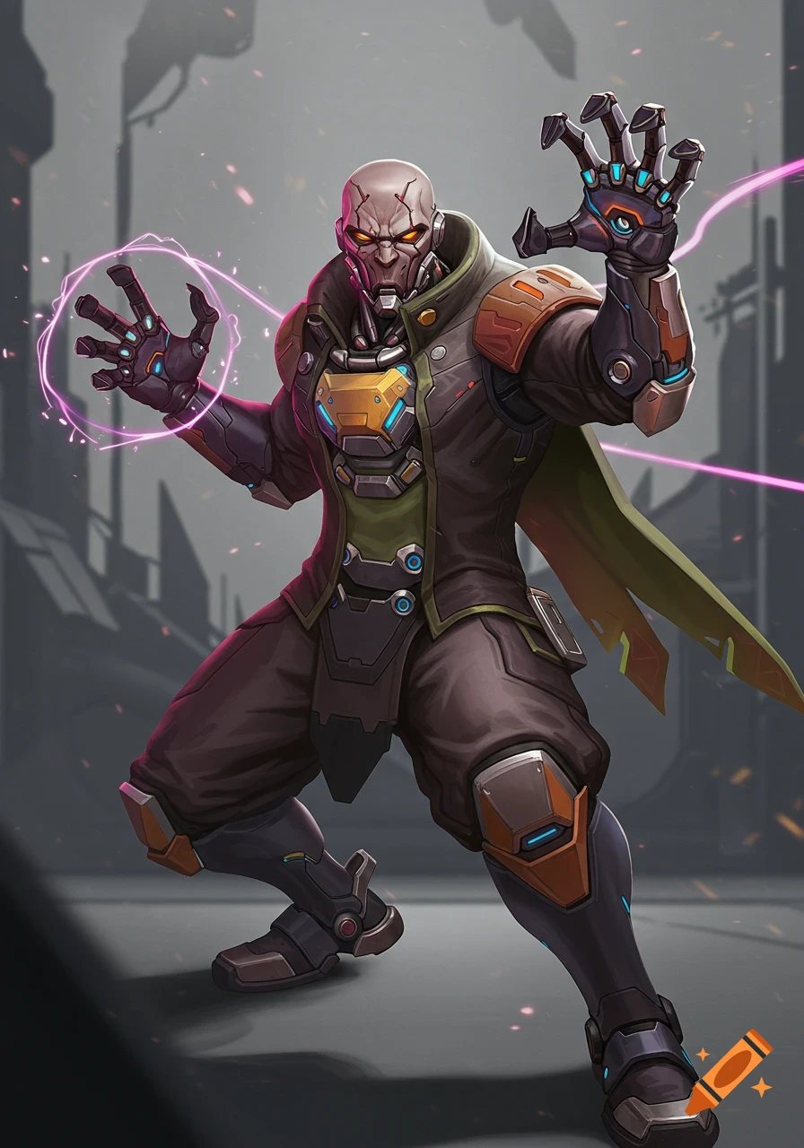 A muscular, stylized metallic humanoid character with glowing eyes and ...