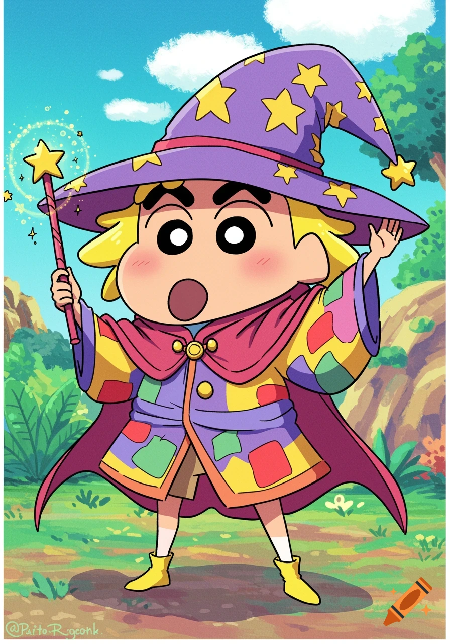 Shin Chan dressed as a wizard holding a sparkly wand in a colorful ...