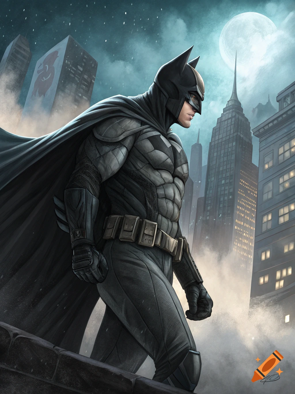 Illustration of Batman standing on a Gotham rooftop overlooking the ...