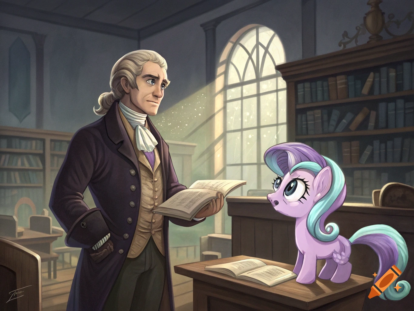 A historical figure shows a book to a My Little Pony character in a ...