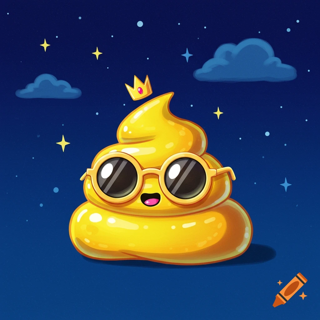 A cartoon poop emoji wearing sunglasses and a crown under a starry ...
