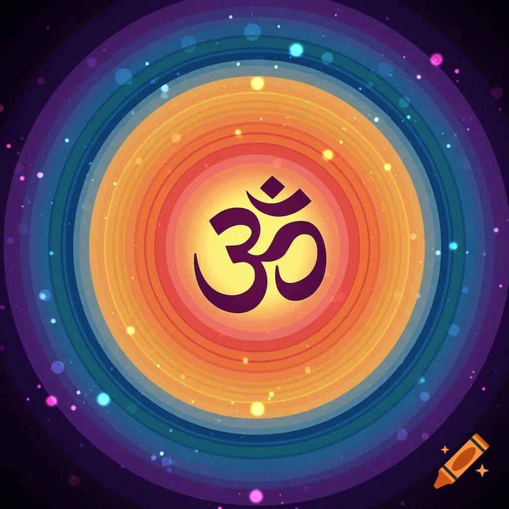 Om symbol in the center of rainbow concentric circles with sparkle ...