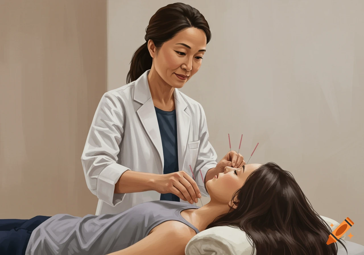 Female acupuncturist treating client on Craiyon