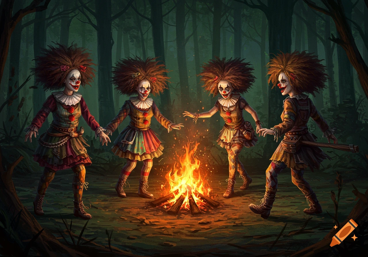 Four creepy clown women dance around a bonfire in a dark forest on Craiyon