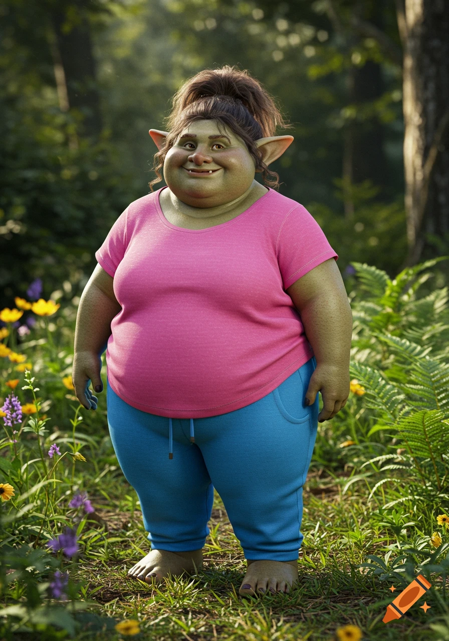 A photorealistic image of a female troll-like creature wearing a pink ...