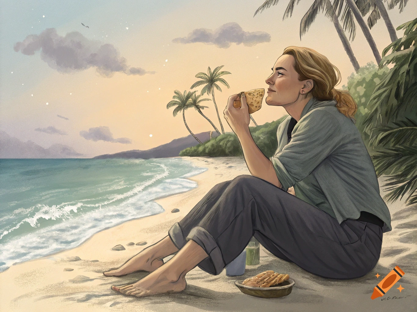 Illustration of a woman eating bread on a beach with palm trees and ...