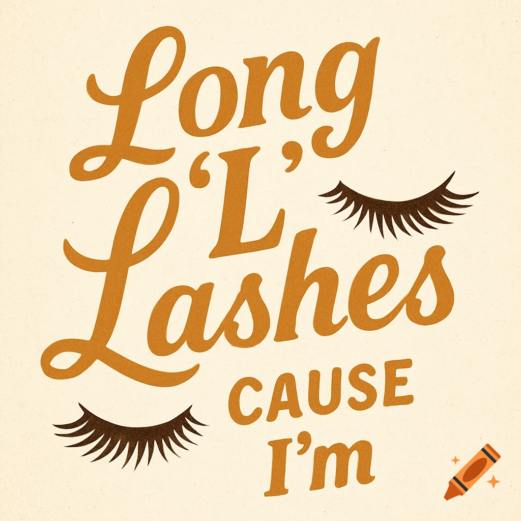 Text reads "Long 'L' Lashes CAUSE I'm" with stylized eyelashes above ...