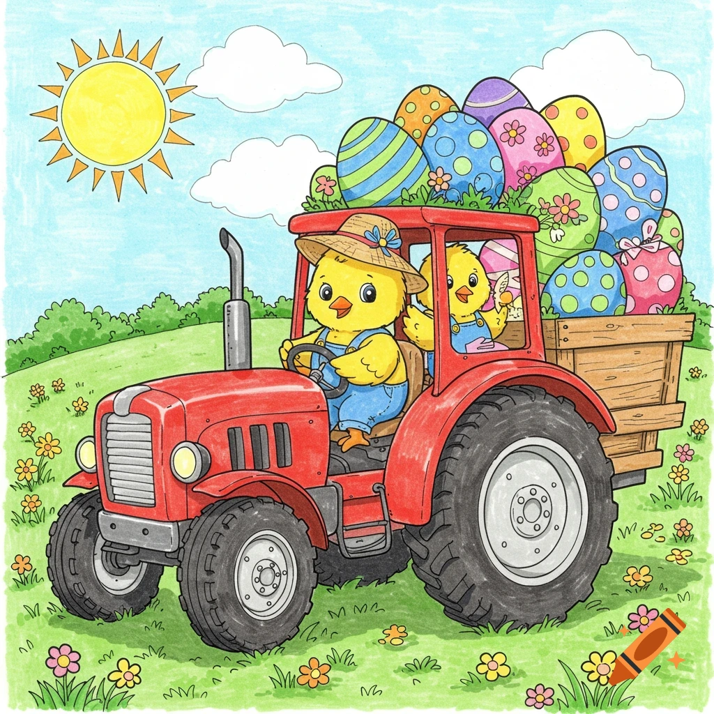Cartoon baby chicks driving a tractor full of Easter eggs coloring page ...