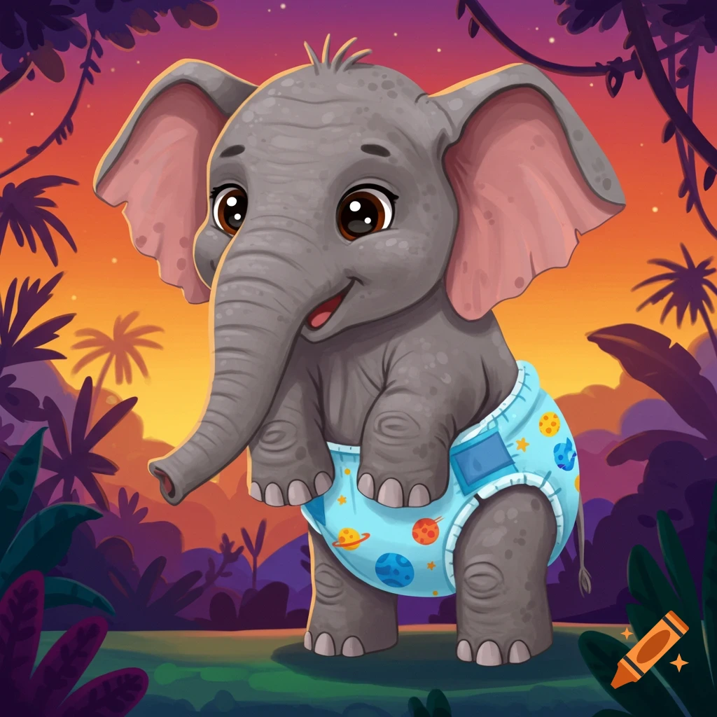 Cartoon illustration of a baby elephant wearing a blue diaper in a ...