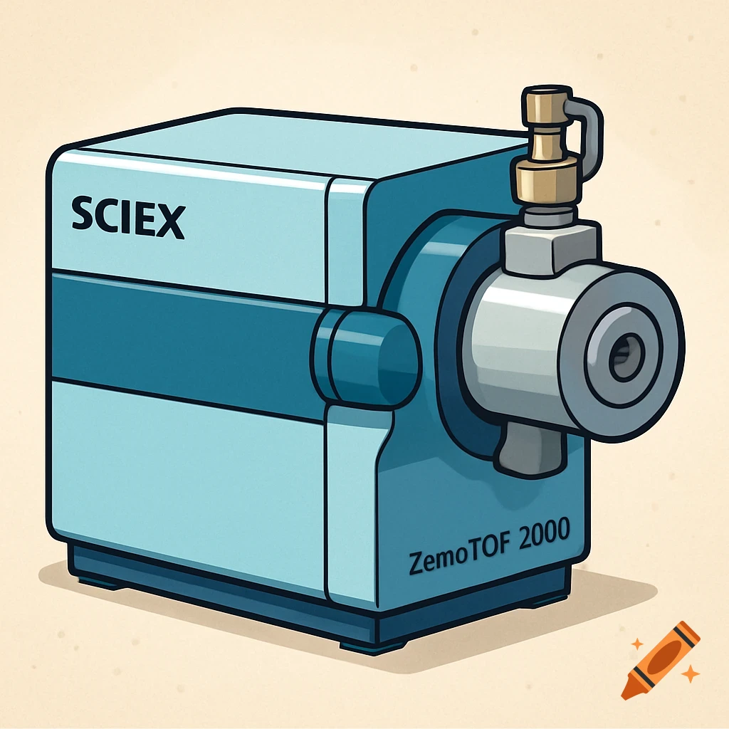 Cartoon illustration of SCIEX ZenoTOF 7600 mass spectrometer on Craiyon